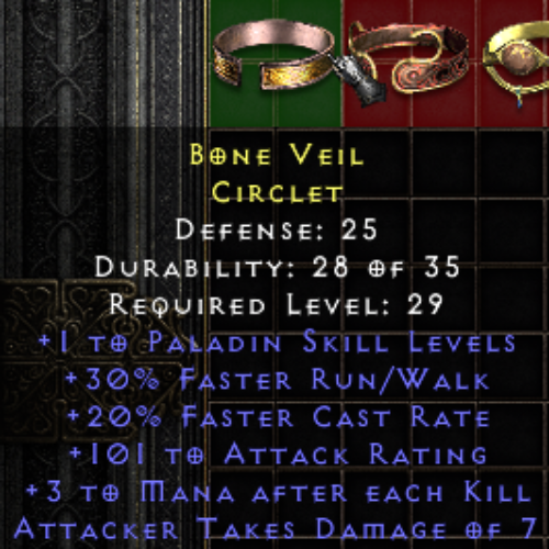 Buy D2R Bone Veil 1 PS 30 FRW 20 FCR 101 AR 3 MAEK 7 ATD 29 LVL REQ ...