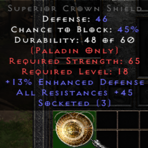 Buy D2R Crown Shield 3os 13 ED 45 All Resistances | Diablo 2 ...